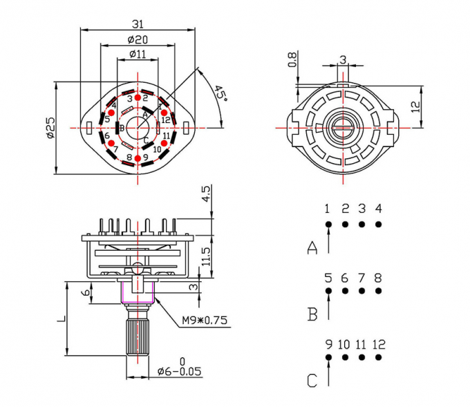 50 60HZ 1 Pole 4 Position Rotary Switch 500V Rotary Speaker Selector